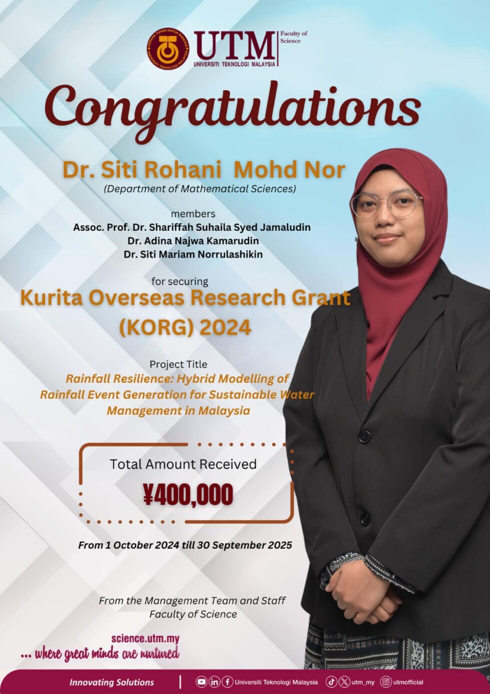 Dr. Siti Rohani Wins 2024 Kurita Grant for Rainfall Resilience Project ...
