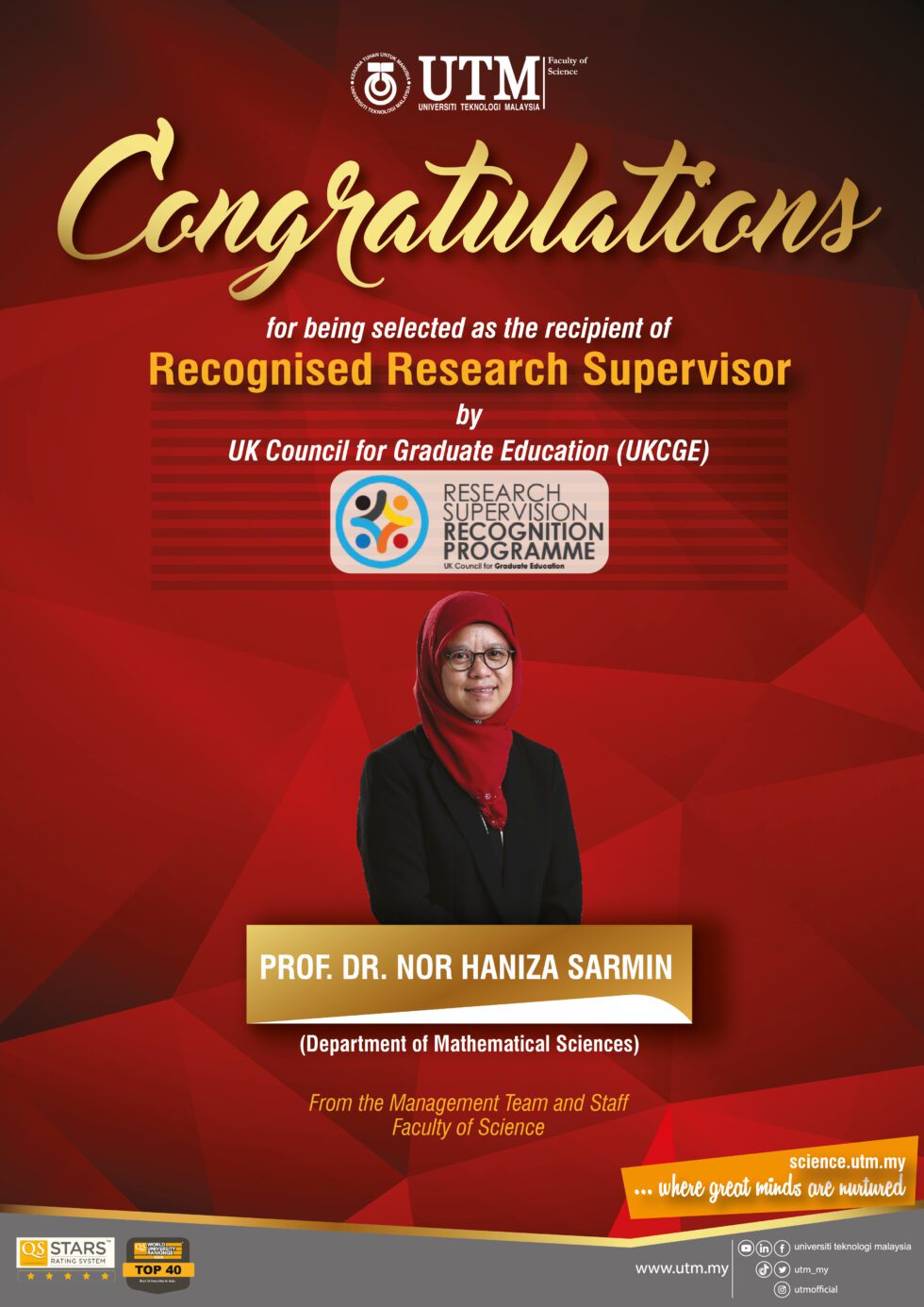 Congratulations to Prof. Dr. Nor Haniza Sarmin | Faculty of Science, Universiti Teknologi Malaysia