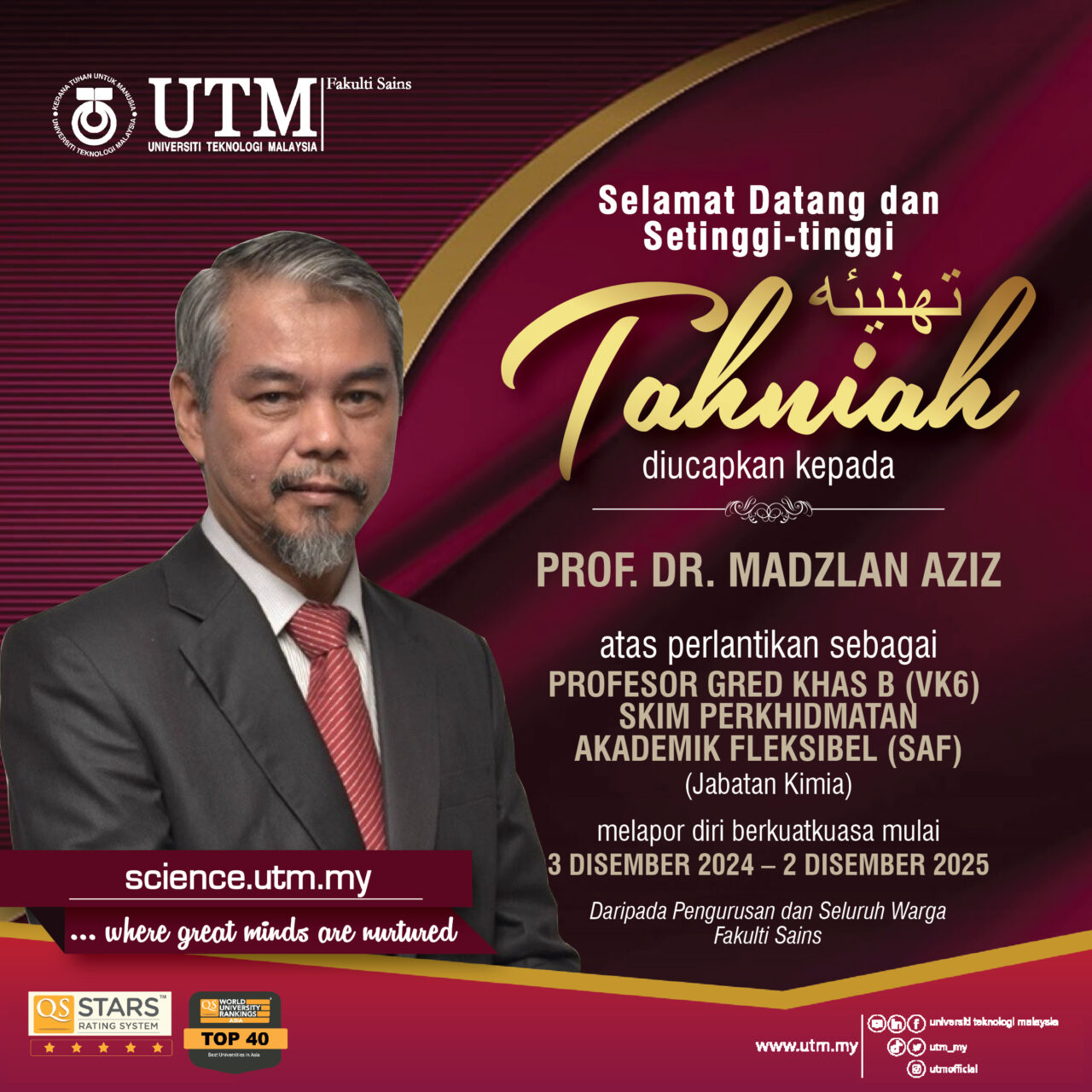 Congratulations to Prof. Dr. Madzlan Aziz | Faculty of Science ...